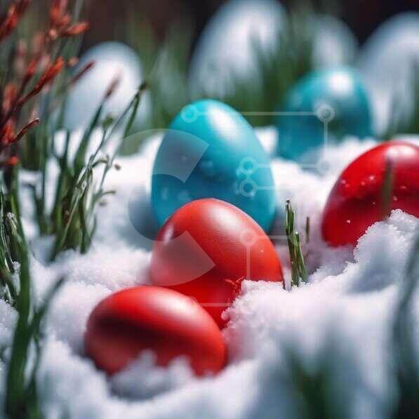 Vibrant Easter Eggs in Snow stock photo | Creative Fabrica