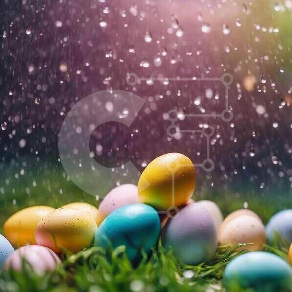Festive Easter Egg Hunt in the Rain stock photo | Creative Fabrica