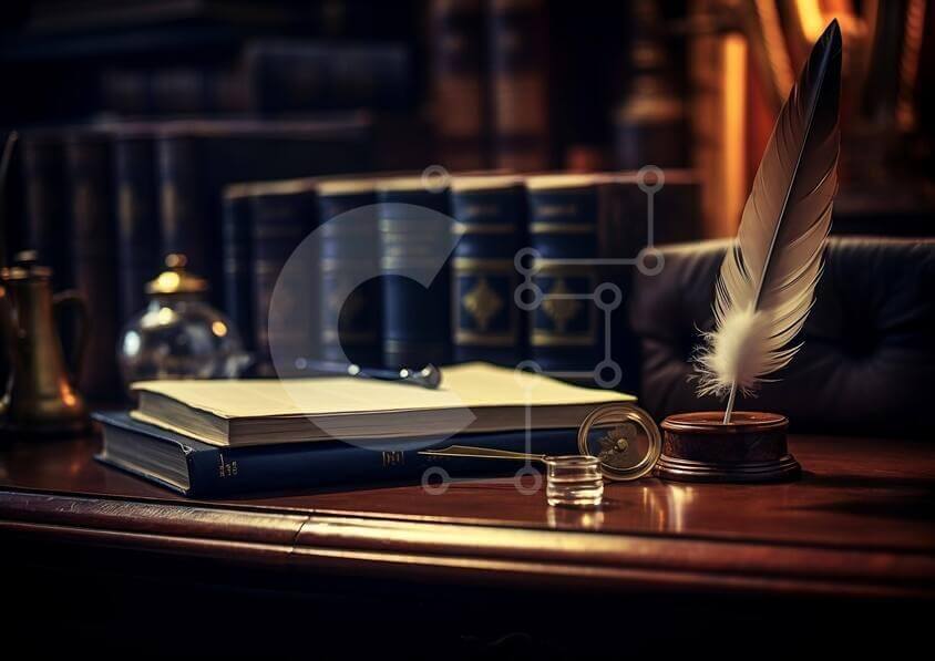 Education and Literature - Desk with Open Book, Pen, and Quill stock ...