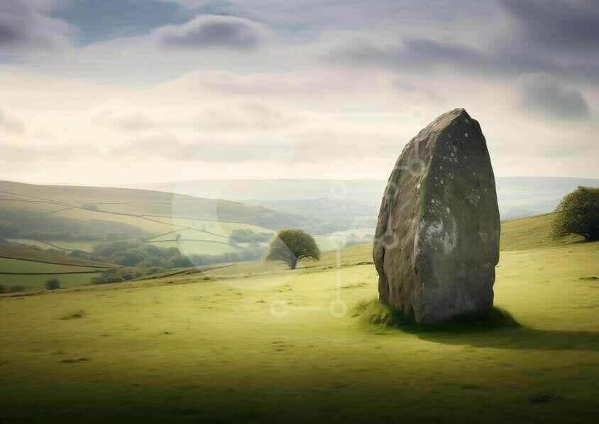 Tranquil Landscape with Large Stone and Lush Greenery stock photo ...