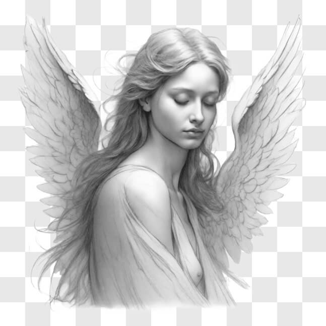 Download Black and White Drawing of an Angel with Long Flowing Hair and ...