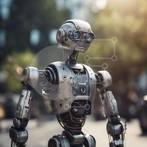 Curious silver robot in the street stock photo | Creative Fabrica