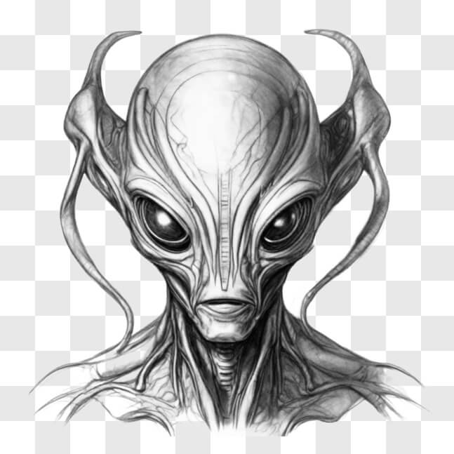 Download Zwart-witte tekening van alien gezicht met grote hoorns ...