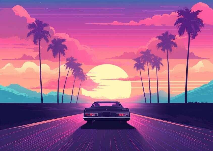 Download Retro Sunset Drive with Palm Trees Backgrounds Online ...