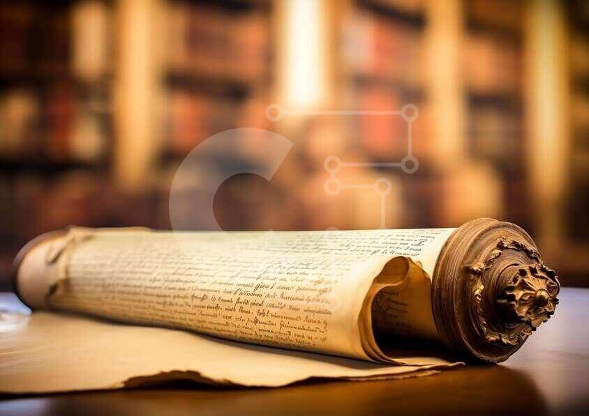 Antique Religious Scroll on Wooden Table stock photo | Creative Fabrica