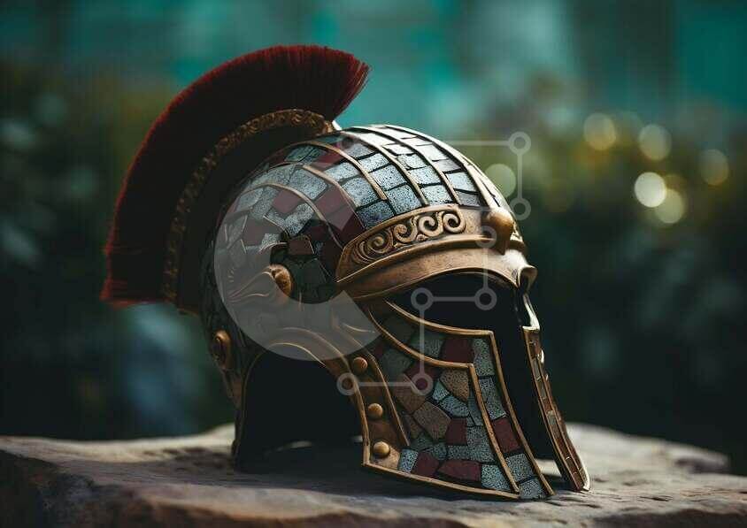 Antico Elmo Spartano con Mosaici Colorati foto stock | Creative Fabrica