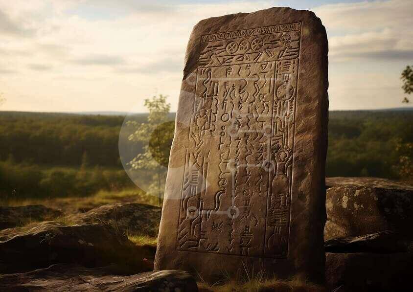 Ancient Stone with Inscriptions on Grassy Field stock photo | Creative ...