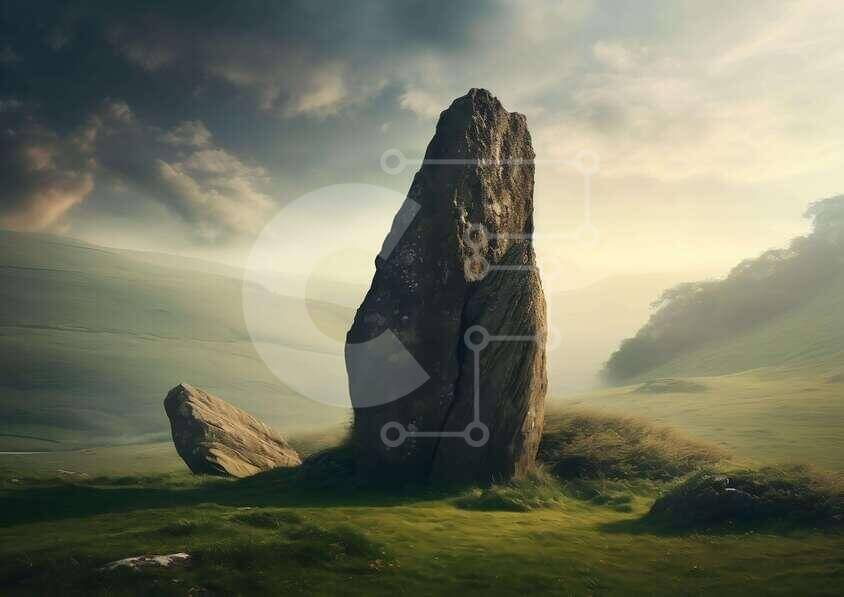 Rock in Open Field on Overcast Day stock photo | Creative Fabrica