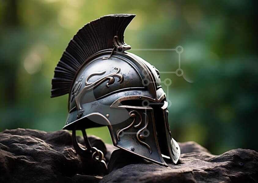 Ancient Spartan Helmet on Display stock photo | Creative Fabrica