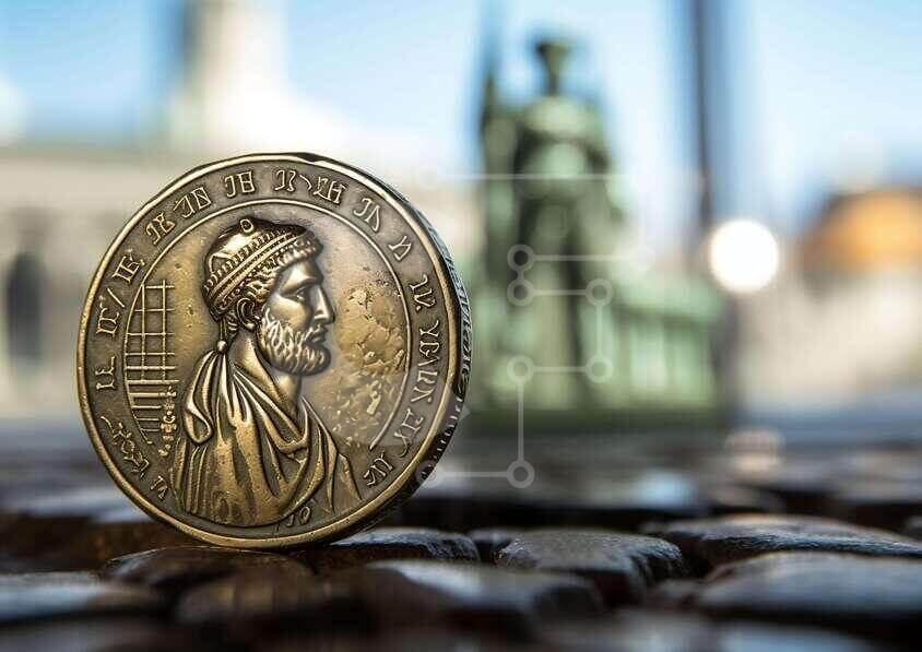 Gold Coin on Rocks with Statues and Monuments stock photo | Creative ...