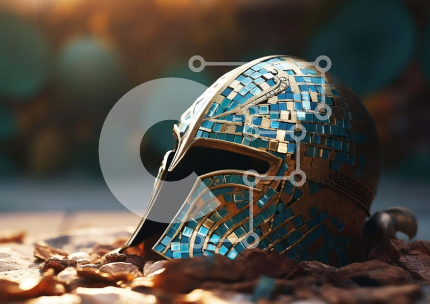 Blue and Gold Spartan Helmet on Leaves stock photo | Creative Fabrica