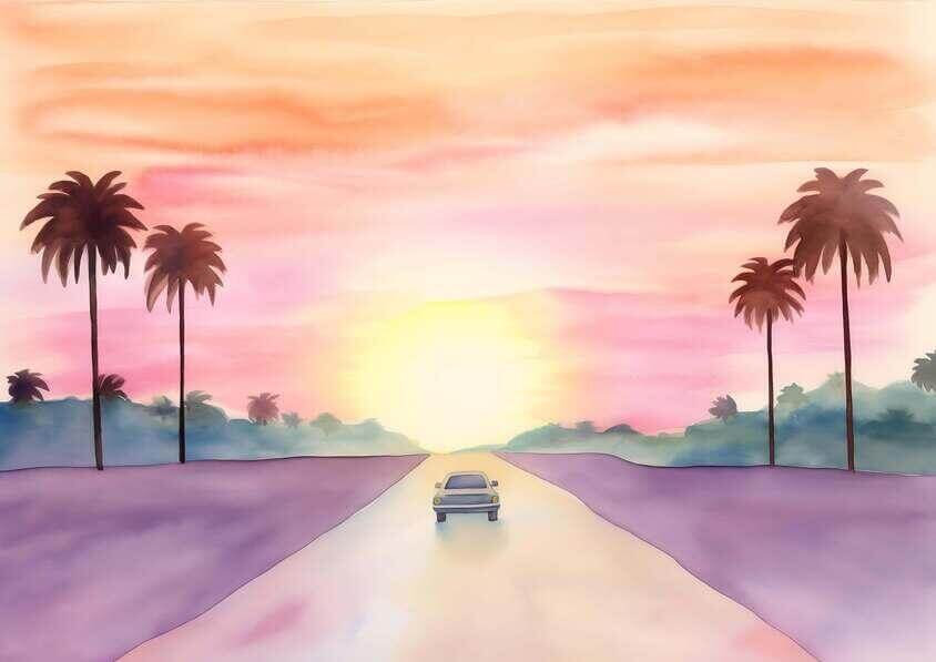 Download Scenic Watercolor Painting of a Road at Sunset Backgrounds ...