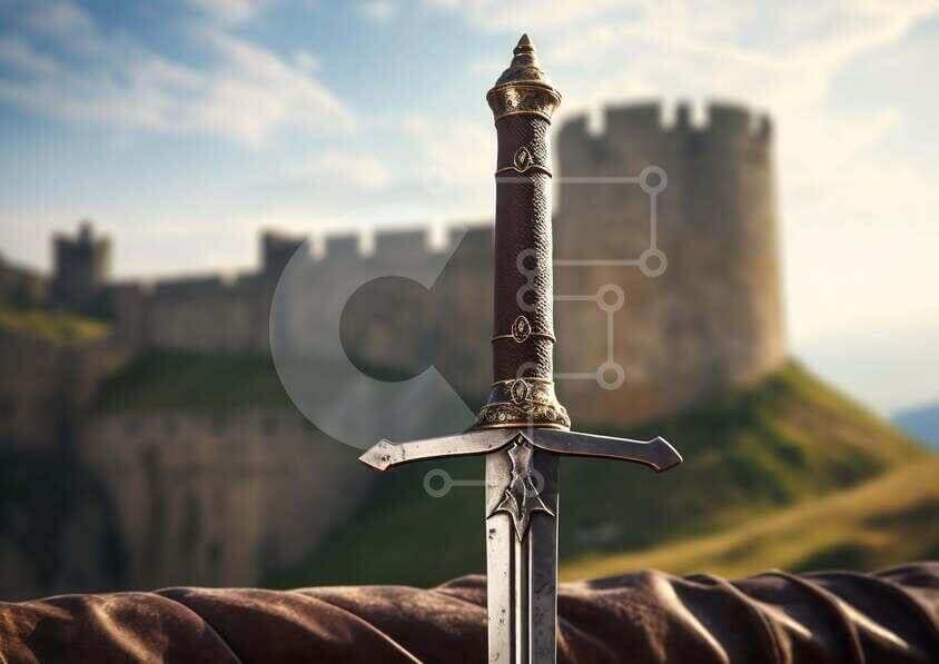 Medieval Sword and Castle Scene stock photo | Creative Fabrica