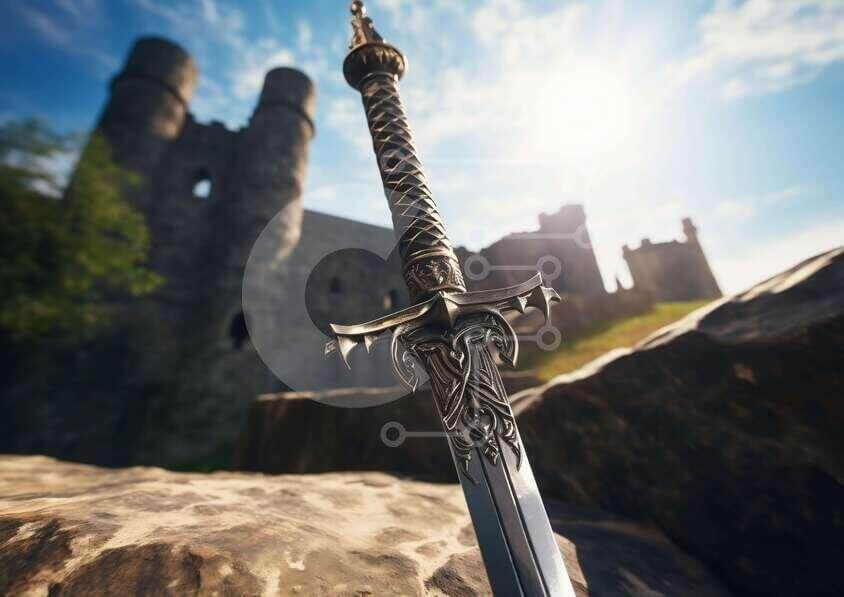 Ancient Sword and Castle Scene stock photo | Creative Fabrica