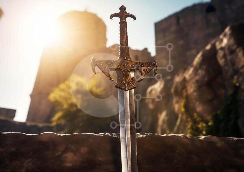 Ancient Sword on Rocks - Historical Artifact stock photo | Creative Fabrica