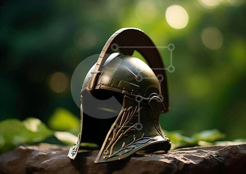 Ancient Spartan Helmet in Natural Setting stock photo | Creative Fabrica
