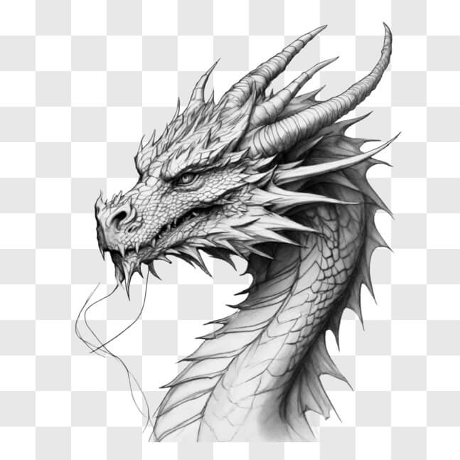 Download Black and White Dragon Head Drawing with Long Horns Sketches ...