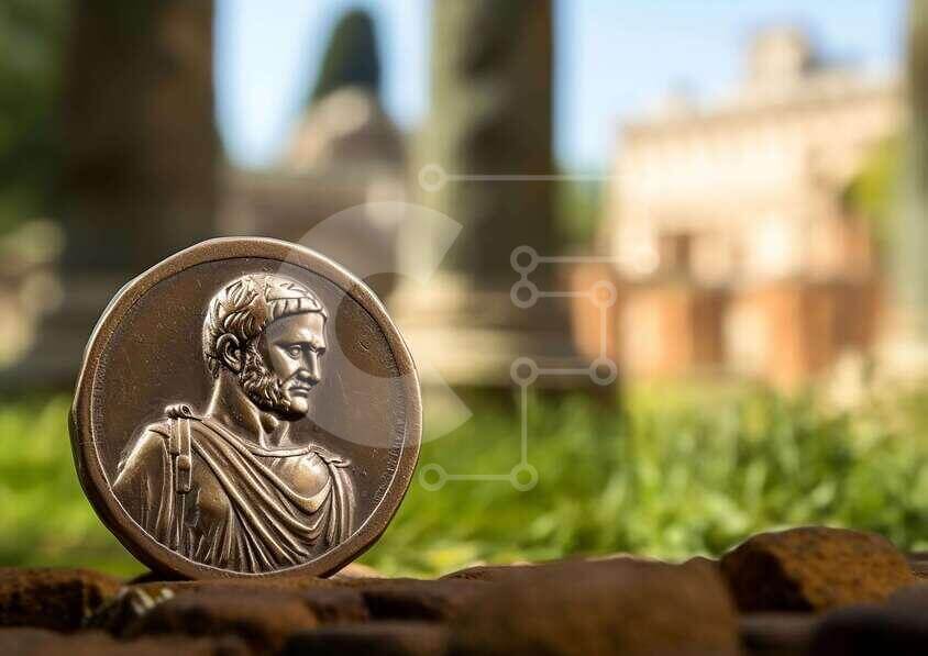 Julius Caesar Bronze Coin at Historical Site stock photo | Creative Fabrica