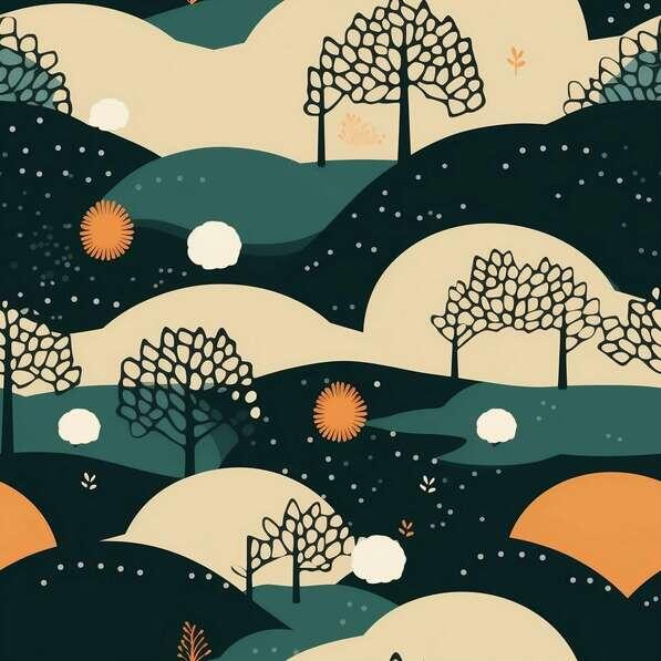 Download Seamless Orange and Black Nature Pattern with Trees and Suns ...
