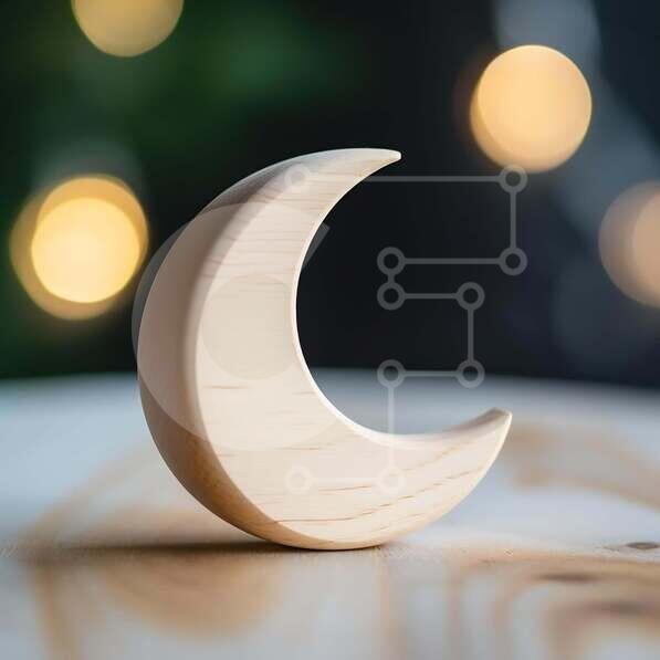 Wooden Crescent Moon on Decorative Table stock photo | Creative Fabrica