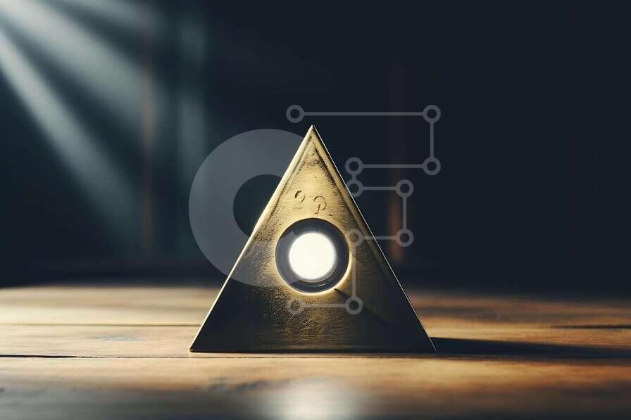 Triangle-shaped Metal Object on Wooden Table stock photo | Creative Fabrica