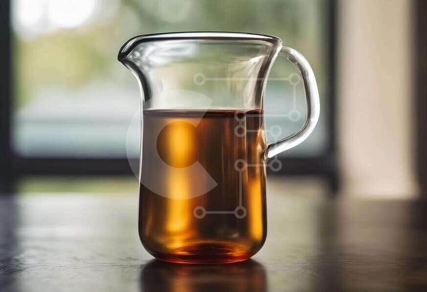 Glass Pitcher Filled with Brown Liquid on Wooden Table stock photo ...