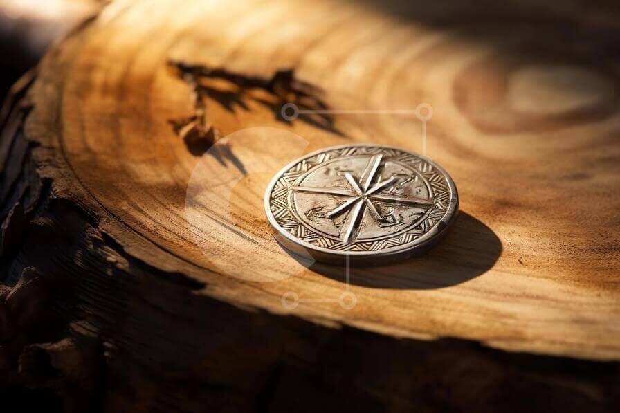 Ancient Silver Coin on Weathered Tree Stump stock photo | Creative Fabrica