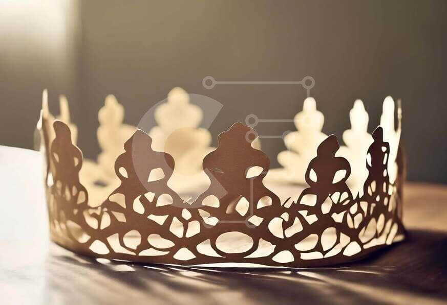 Intricate Paper Crown Design on Wooden Table stock photo | Creative Fabrica