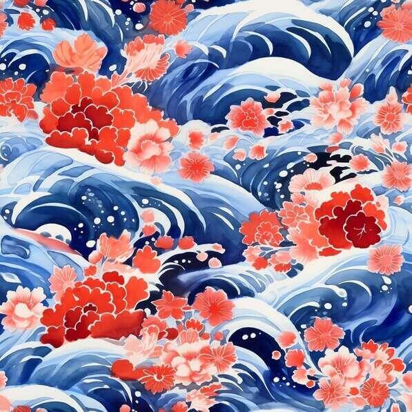Download Japanese Wave Pattern with Red and Blue Flowers Patterns ...