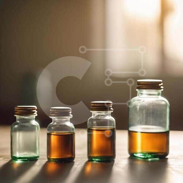 Five Small Glass Jars with Different Amounts of Liquid stock photo ...