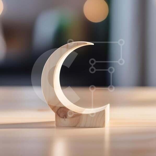 Wooden Crescent Object on Illuminated Table stock photo | Creative Fabrica