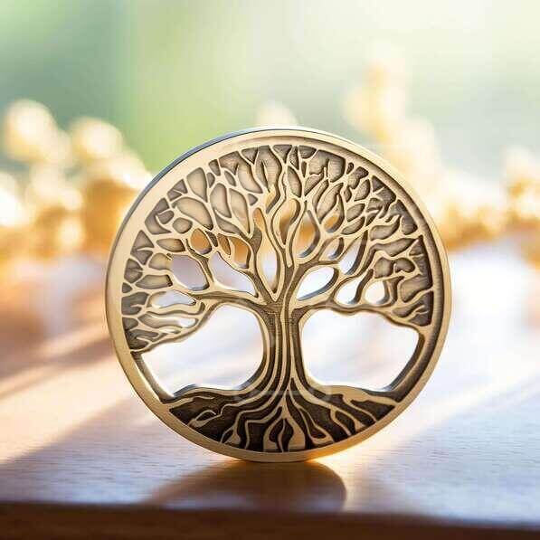 Tree of Life Gold Coin on Display stock photo | Creative Fabrica
