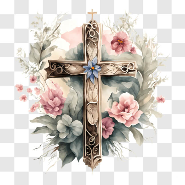 Download Elegant Wooden Cross with Flowers and Leaves PNGs Online ...