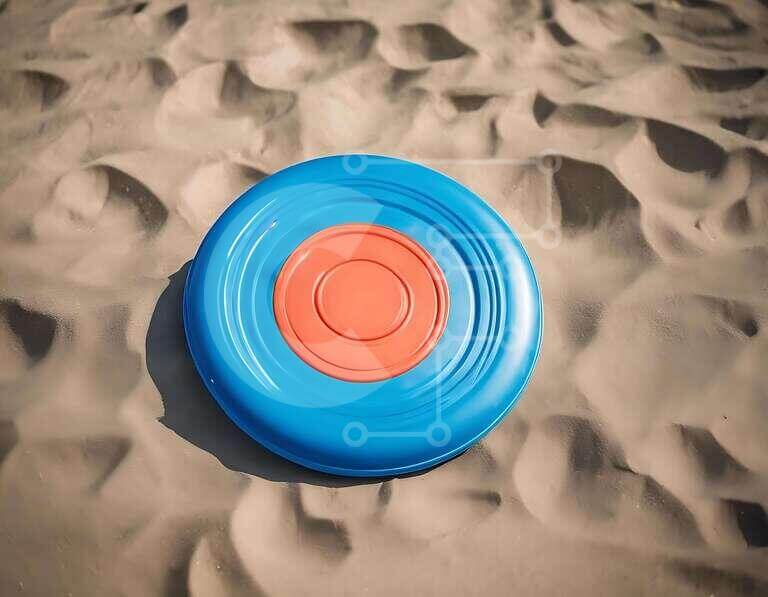 Blue and Orange Frisbee on Sand stock photo | Creative Fabrica