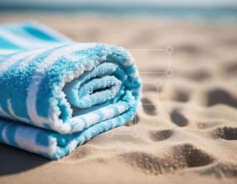 Blue Beach Towel on Sandy Surface stock photo | Creative Fabrica