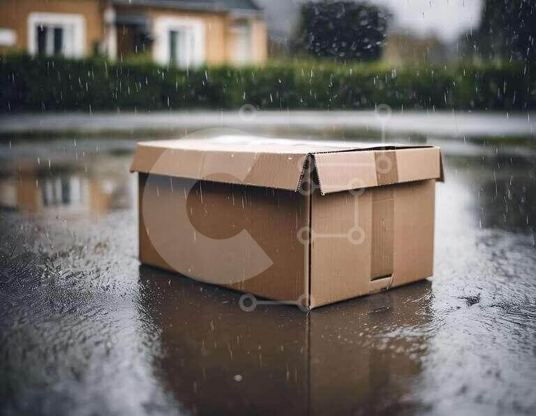 Brown Cardboard Box on Wet Pavement stock photo | Creative Fabrica