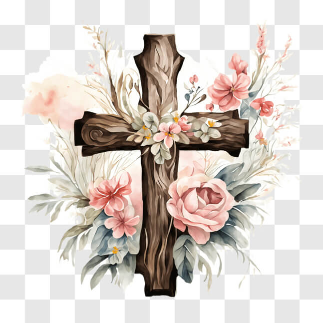 Download Wooden Cross with Pink Flowers and Green Leaves PNGs Online ...