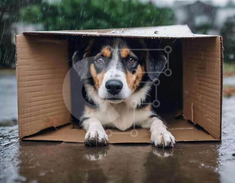 Curious Dog in Cardboard Box on a Rainy Day stock photo | Creative Fabrica