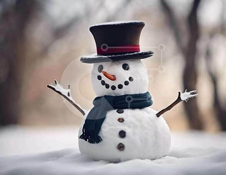 Cheerful Snowman in Snowy Forest stock photo | Creative Fabrica