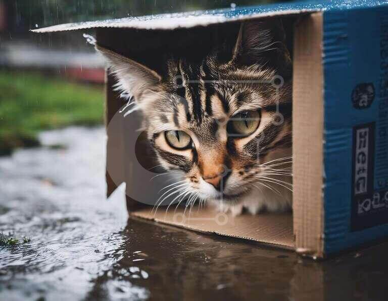 Curious Tabby Cat in Cardboard Box in the Rain stock photo | Creative ...
