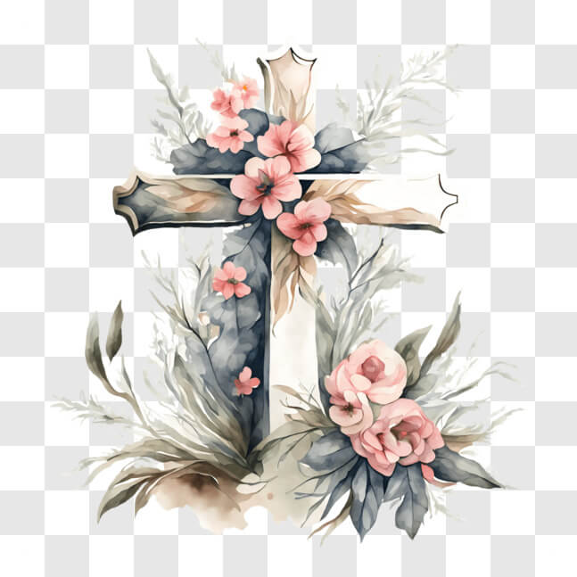 Download Religious Cross Decorated with Pink Flowers and Green Leaves ...