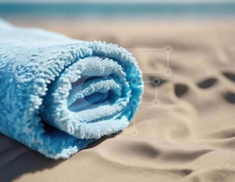 Blue Beach Towel on Sandy Shore stock photo | Creative Fabrica