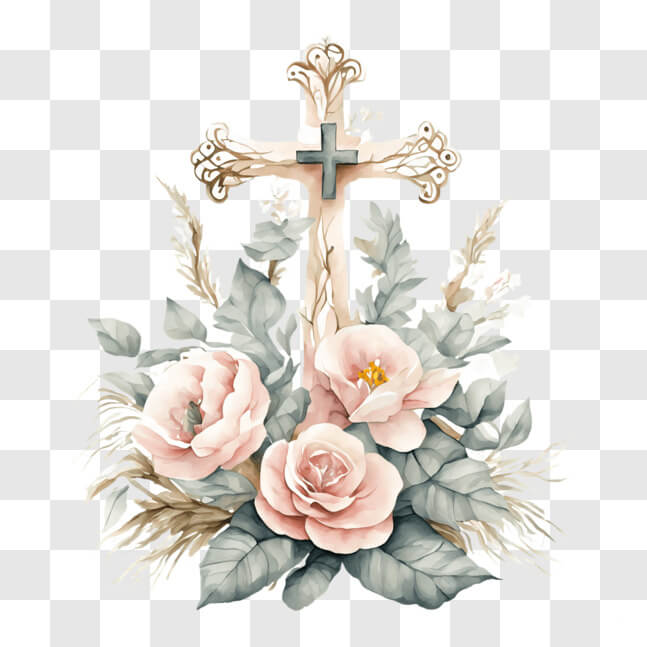Download Religious Cross with Pink Roses and Surrounding Flowers PNGs ...