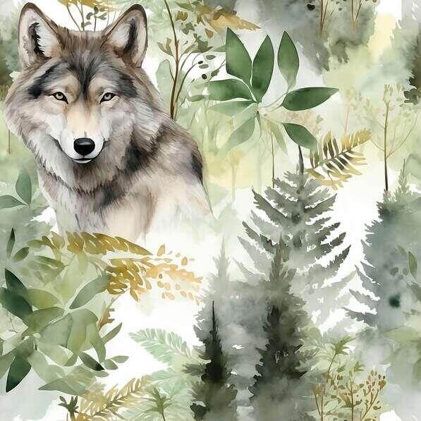 Download Gray Wolf in Forest with Green Leaves Patterns Online ...