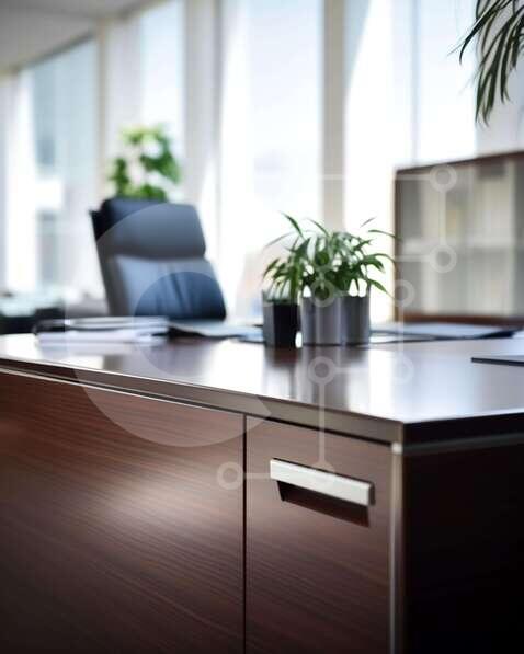 Office Desk Interior with Books, Papers, and Plant stock photo ...