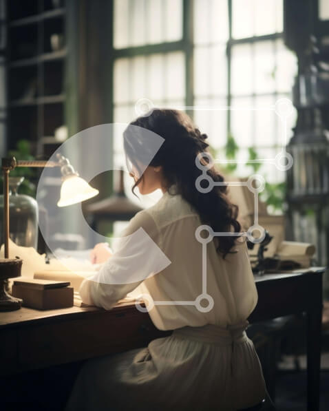 Download Woman Writing at Office Desk with Lamp and Books Stockphotos ...