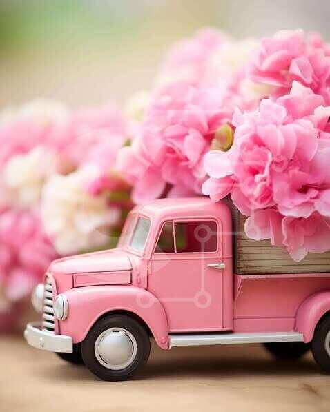 Pink Toy Truck Filled with Flowers stock photo | Creative Fabrica
