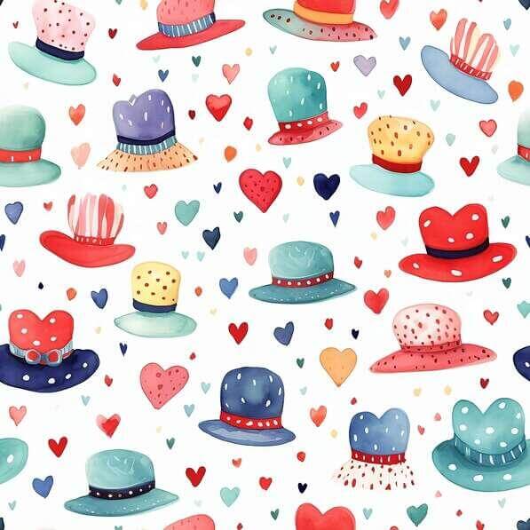 Download Colorful Hats, Hearts, and Bows Seamless Pattern Patterns Online - Creative Fabrica