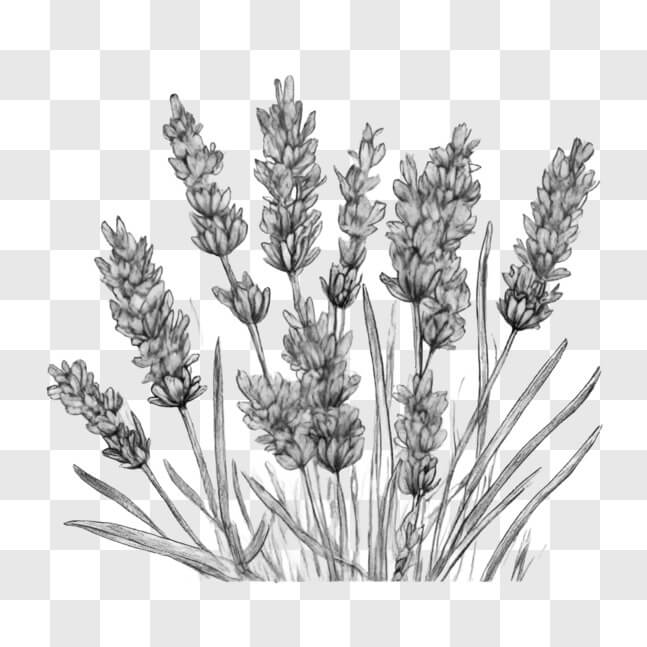 Download Black and White Lavender Flower Drawing with Stems and Leaves ...