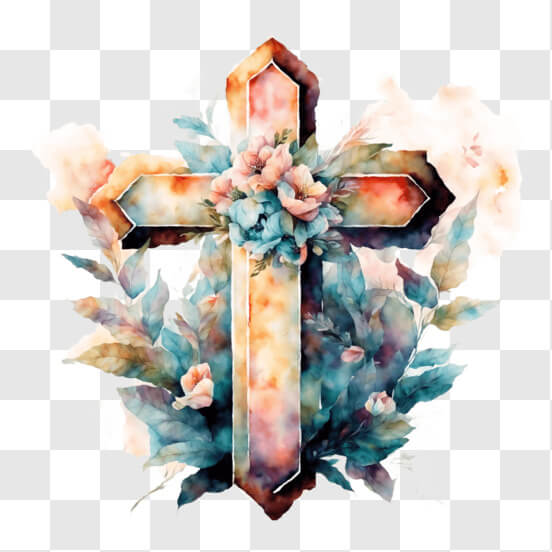 Download Watercolor Religious Cross with Flowers and Leaves PNGs Online ...